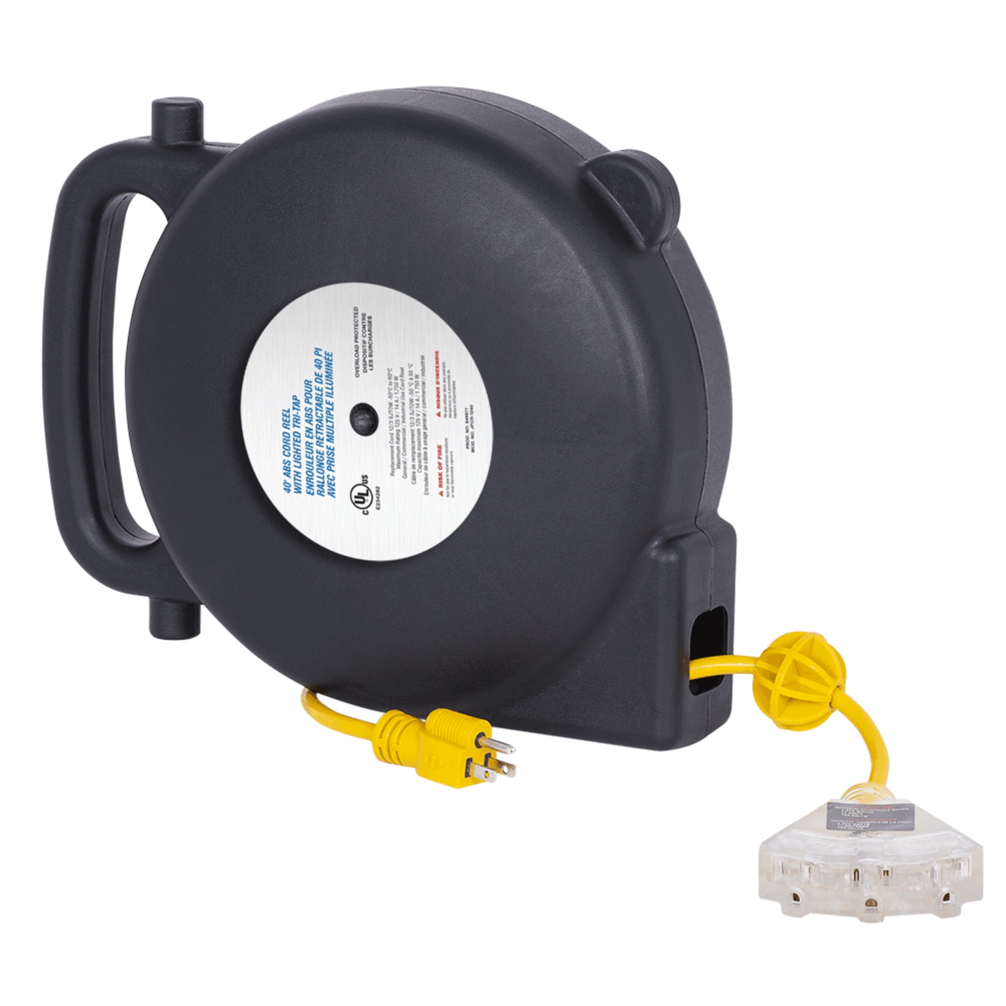 Extension Cord Reel – 12/3 SJTOW, 40ft Retractable Cord, ABS Housing,